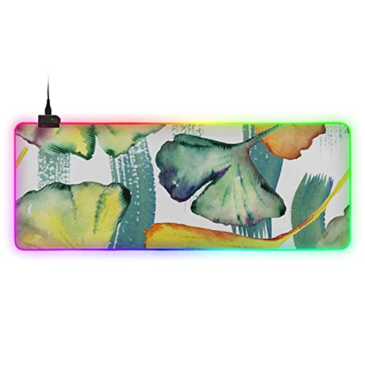 Large RGB Gaming Mouse Pad Ginkgo Biloba Leaves Pattern Glowing Extended Mousepad 35.4x15.7in, Soft Anti-Slip Rubber Base Luminous Mouse Mat for Pc Laptop, Gaming, Office, Home