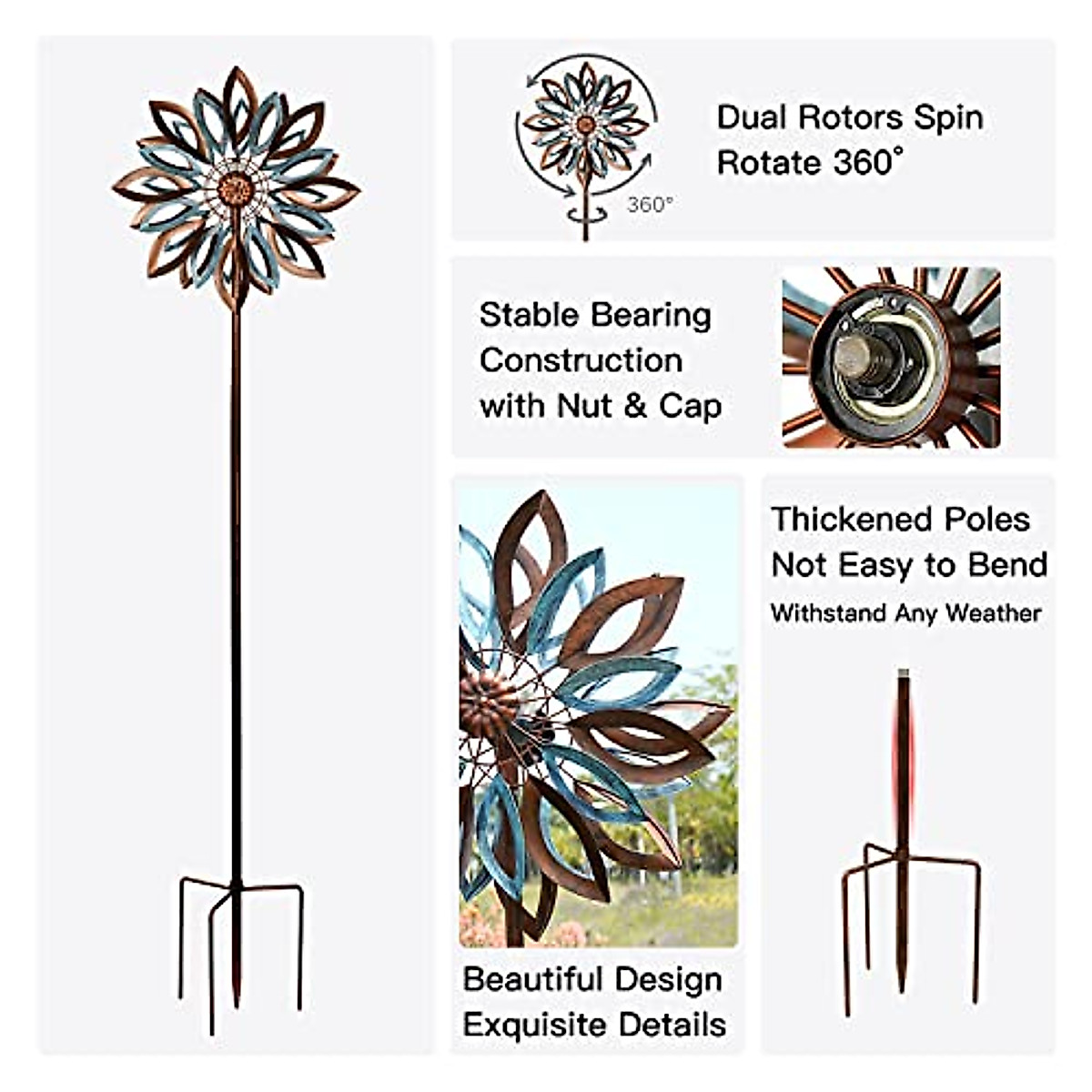Cyan Oasis Yard Garden Wind Spinners with Solar Lights, Large Outdoor Metal Wind Spinners, Lawn Yard Art Garden Decor (22" W x 87" H)