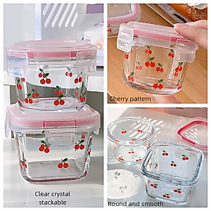 2 Pack 4 OZ Mini Glass Food Storage Containers with Lids,Square Round Cherry Food Jars Small Glass Container for Food Portion,Sauce,Snack,Yogurt,Airtight,Freezer Microwave Safe(red)