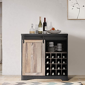 SAINTCY Liquor Cabinet Bar for Home Kitchen Coffee Bar Cabinet with Wine Rack, Sideboard Buffet Cabinet with Storage for Dining Room Wood Farmhouse Sliding Barn Door for Living Room, Entryway