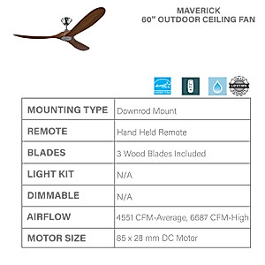Monte Carlo 3MAVR60BSKOA Maverick Energy Star Outdoor Ceiling Fan with Remote Control, 3 Balsa Wood, 60-Inch, Brushed Steel-Koa Blades