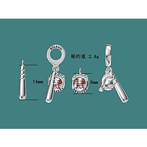 Bolenvi Baseball Bat Glove Sports 925 erling Silver Pendant Charm Bead For Pandora & Similar Charm Bracelets or Necklaces
