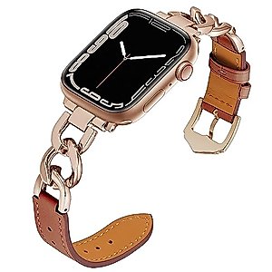 Leather Band Compatible with Apple Watch Band Women 38mm 40mm, Dressy Leather Strap with Cool Chain for iWatch Bands Series 9 8 SE 7 6 5 4 3 2 1 (38, Brown/Rose Gold)