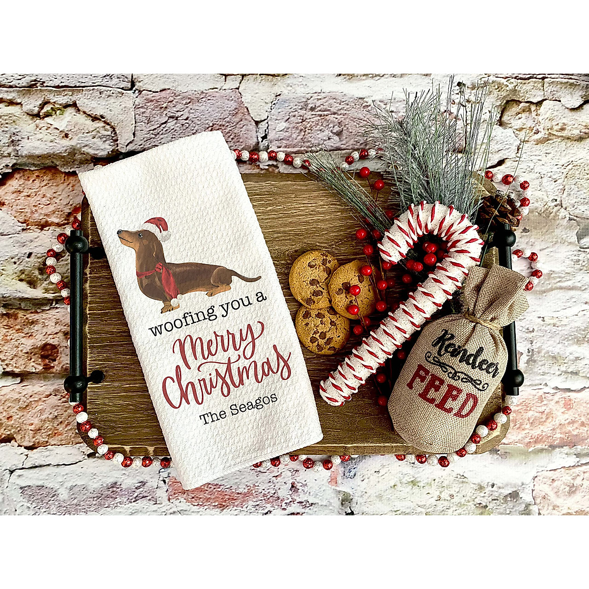 Woofing You A Merry Christmas Kitchen Towel | Personalized Dachshund Tea Towel | Puppy Owner | Golden Retriever Hand Towel | Dog Lover Gift | New Pet Decor (Brown Dachshund)