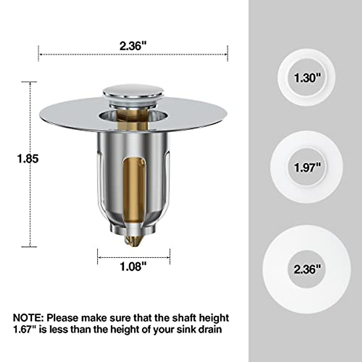 GOWIN Universal Bathroom Sink Stopper, Pop Up Sink Drain Plug for 1.02''-1.96'' Drain Holes,Bathroom Stainless Steel Sink Drain Filter with Basket (Chrome)