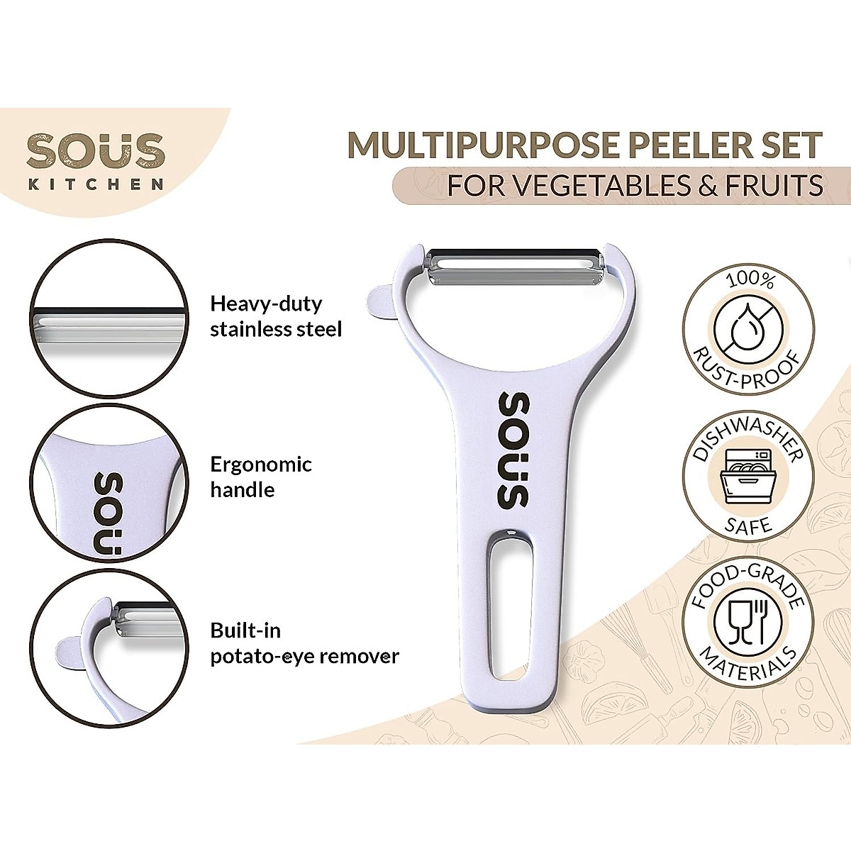 Sous Kitchen Veggie Peeler Julienne Peeler & Fruit Peeler Set of 3 - Vegetable Peelers for Kitchen - Potatoes Peeler With Sharp Peeler Blades - Speed Peeler With Ergonomic Handles & Swivel Blades