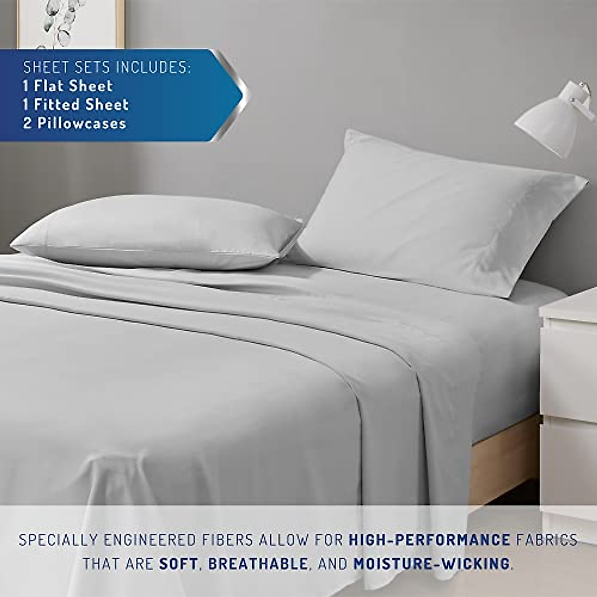 Degrees of Comfort Coolmax Cooling Sheets | Queen Size Bed Sheet Set for Hot Sleepers | Soft Fabric with Deep Pocket 4PC - Light Grey