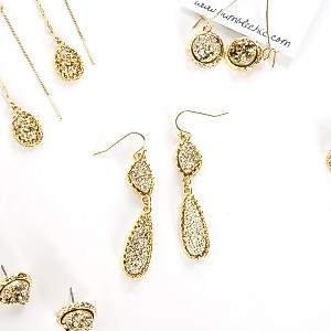 Humble Chic Simulated Druzy Drop Dangles - Long Double Teardrop Dangly Earrings for Women, Gold - Gold Stone
