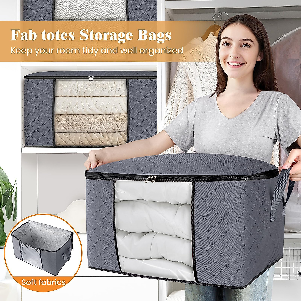 Fab totes 6 Pack Clothes Storage, Foldable Blanket Storage Bags, Storage Containers for Organizing Bedroom, Closet, Clothing, Comforter, Organization and Storage with Lids and Handle, Grey