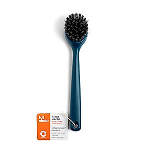 Full Circle Clean Ocean Heavy Duty Dish Brush, Cast Iron Brush with Handle, Tough Bristles, Ergonomic Grip, Long Handle, Built-in Scraper. Made Out of 100% Recycled Fishing Nets. Dishwasher Safe
