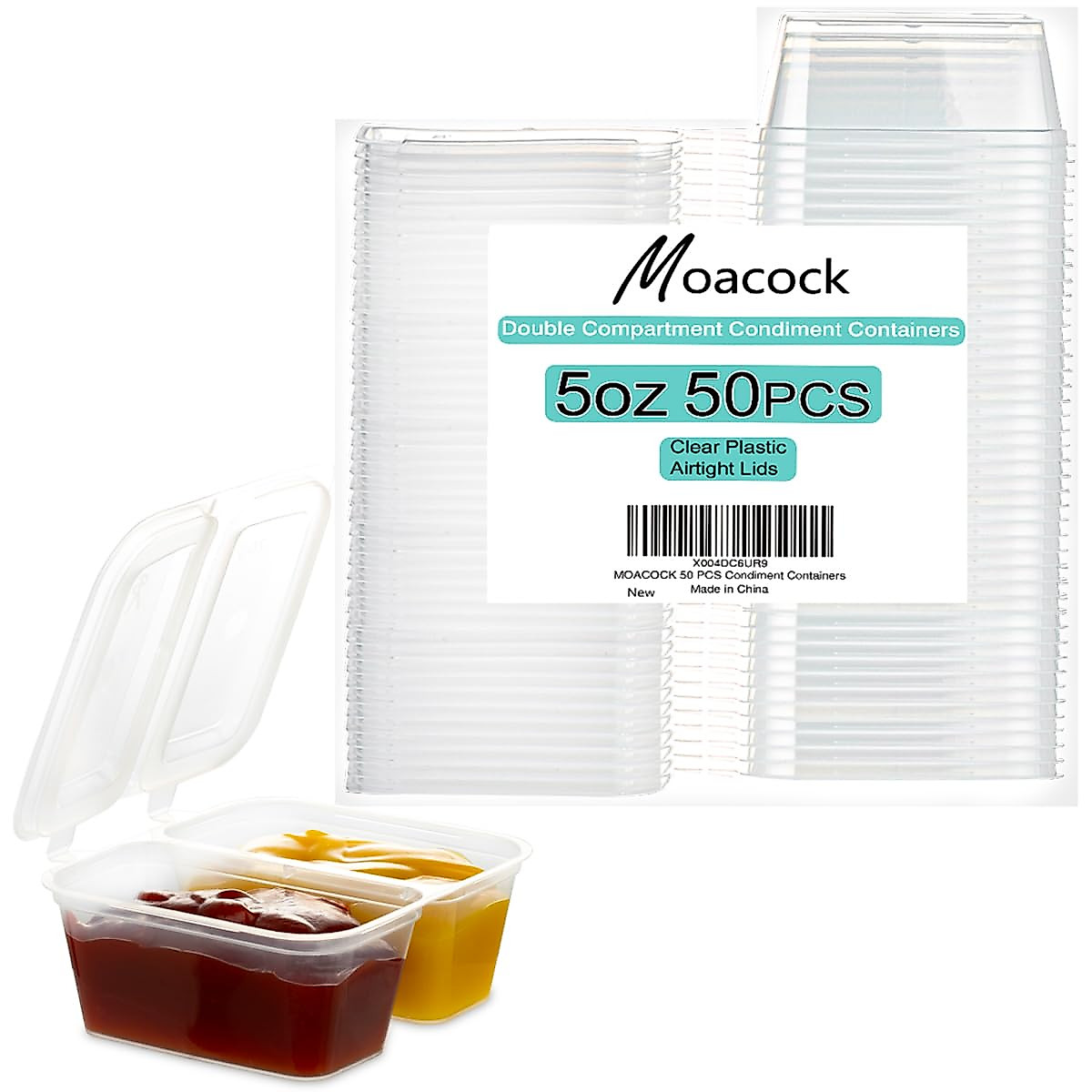 MOACOCK Double Compartment Condiment Container, 50Pcs Sauce Containers with Lids 5 oz Stackable Disposable Condiment Containers for Meal Prep, Sauce, Snack