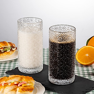 Vintage Glassware Highball Drinking Glasses - 13 Oz Cocktail Glasses Set of 6 Floral Glass Cups Embossed Cocktail Juice Water Coffee Cups - Lead-Free & Dishwasher Safe - Ideal Gifts