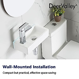 DeerValley DV-1V081L Liberty Wall Mount Sink, Rectangle Mini Vessel Sink,Small Bathroom Cloakroom White Porcelain Ceramic Wash Basin Right/Left Hand (Left Hand) (Left Hand)