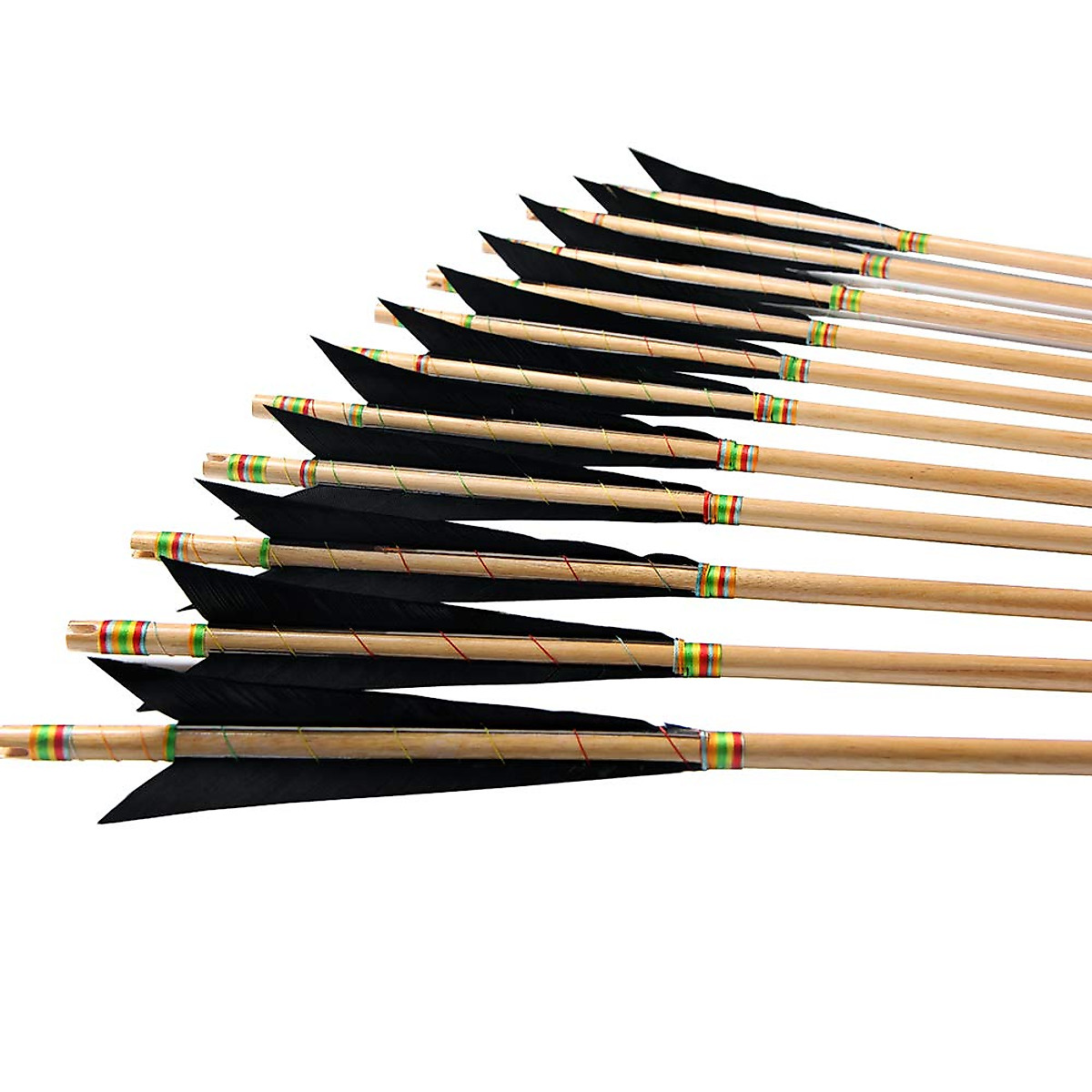 PG1ARCHERY Archery Wooden English Longbow Arrows Practice Targeting Arrow 5.8" Turkey Feathers Fletching with Bullet Points for Recurve & Traditional Bow Black, 12 Pack