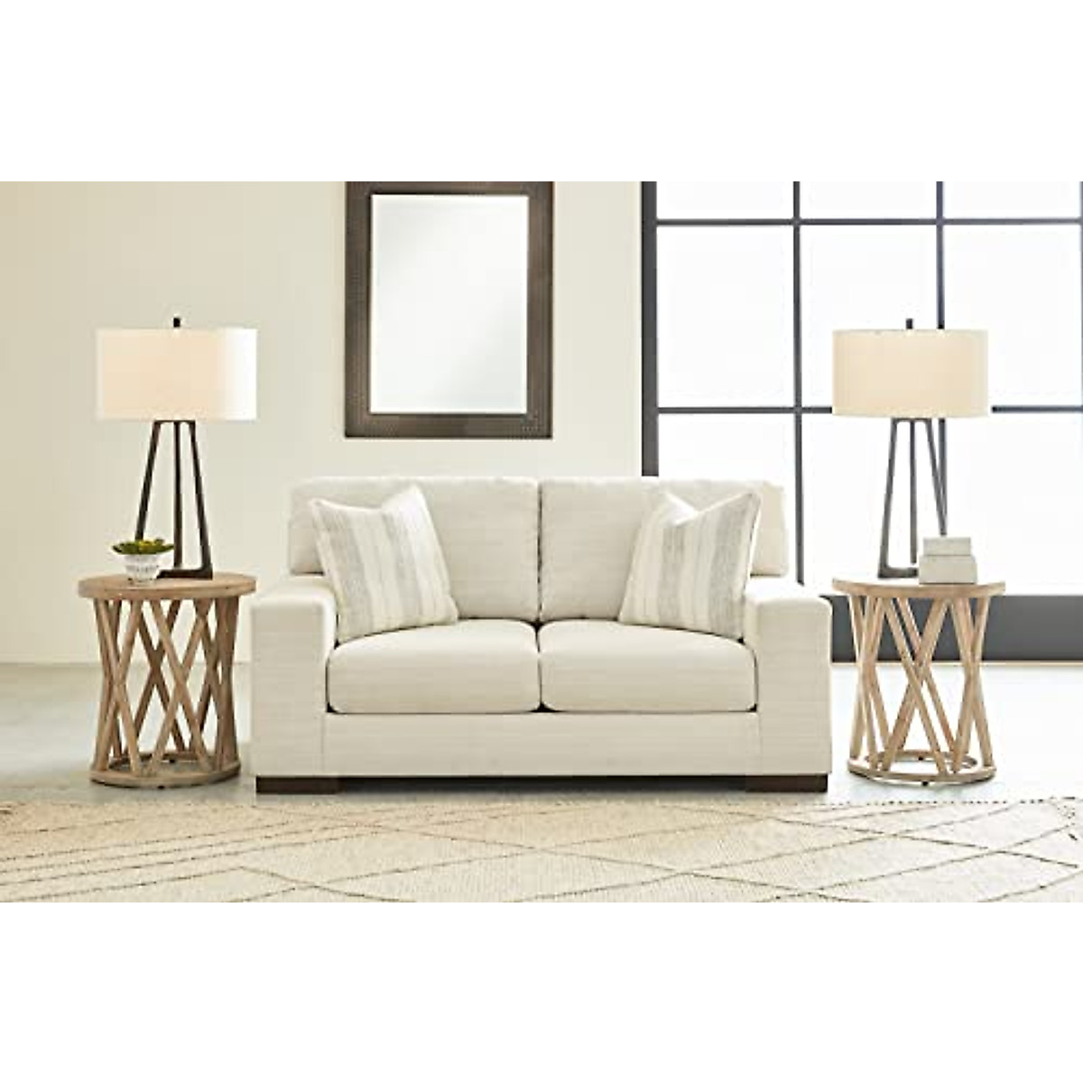 Signature Design by Ashley Maggie Contemporary Upholstered Loveseat with Accent Pillows, Off-White