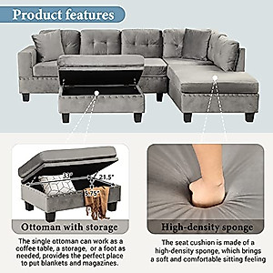 Eafurn L Shaped Sectional Reversible Chaise and Drop Down Table & Cupholders, Upholstery Corner Storage Ottoman, Tufted Convertible Sofa & Couch for Living Room Furniture Set, Gray 104.5"