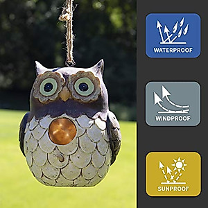 Hanging Decorative Resin Bird House | Hand Crafted Outdoor Home & Garden Décor for Wild Birds, Hummingbird, Cardinal, Finch, Bluebird | Owl