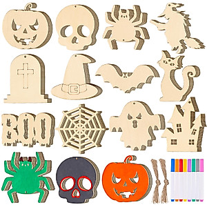 MGparty 60PCS Halloween Crafts for Kids DIY Wooden Slices Crafts Unfinished Predrilled Natural Wood for Kids Halloween Party Favors Halloween Hanging Decorations Gifts