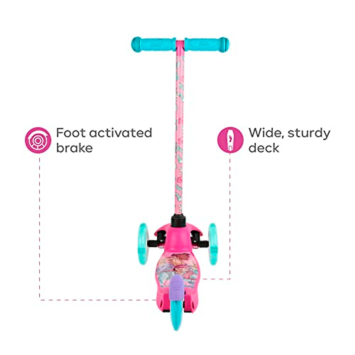Barbie Self Balancing Kick Scooter with Light Up Wheels, Extra Wide Deck, 3 Wheel Platform, Foot Activated Brake, 75 lbs Limit, Kids & Toddlers Girls or Boys, for Ages 3 and Up