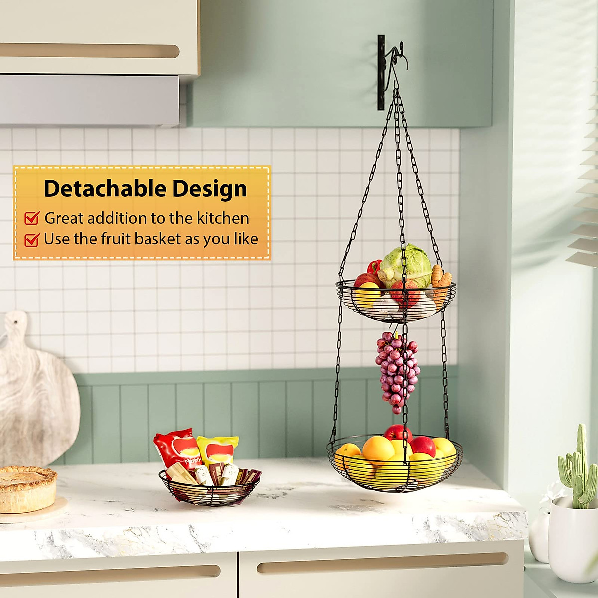 HULISEN 3 Tier Hanging Fruit Basket with Banana Hook, Heavy Duty Wire Hanging Baskets for Kitchen Storage, 35.4 Inch Hanging Vegetable Produce Basket Organizer (Including Installation Bracket)