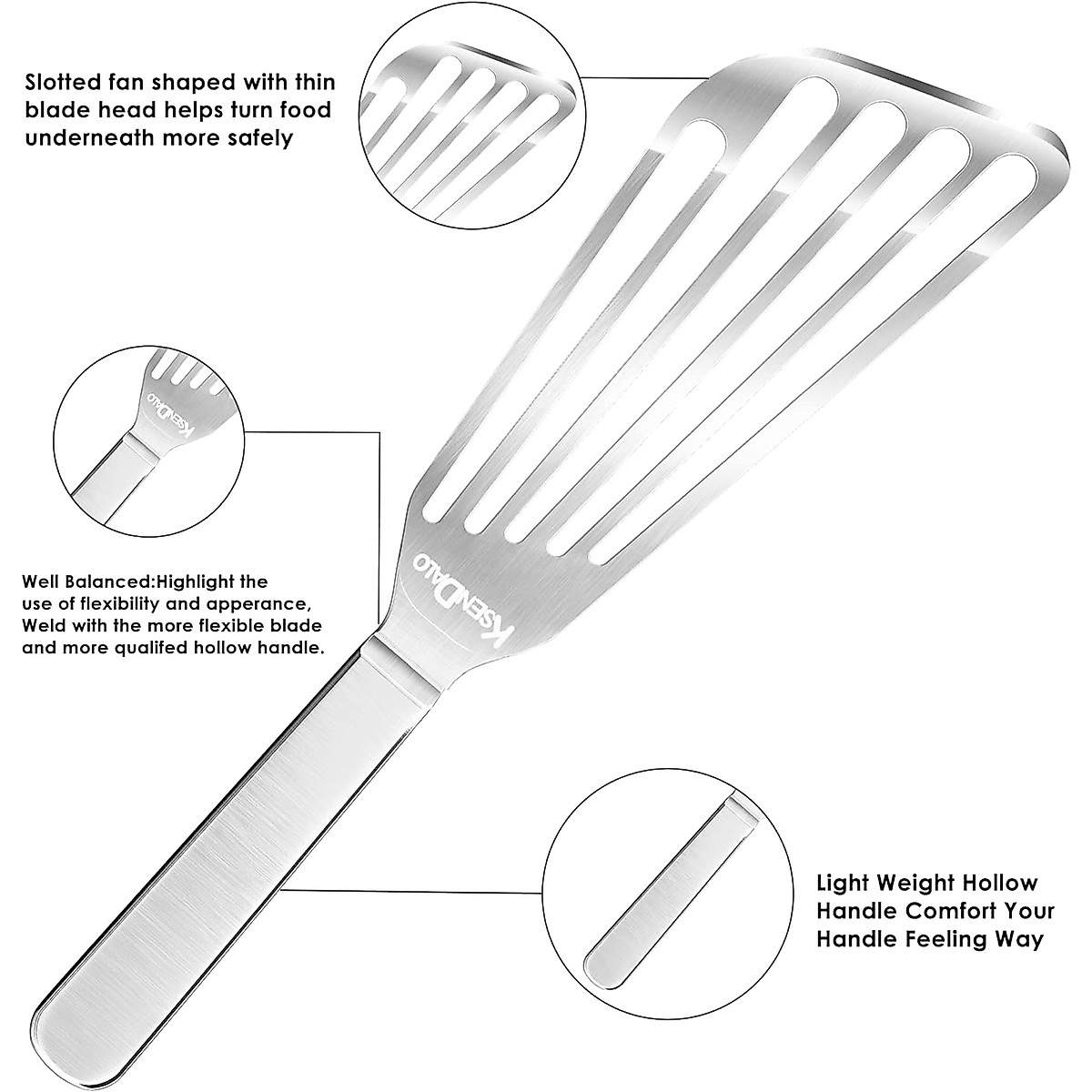KSENDALO 11.80Inch Stainless Steel Slotted Spatula Turner - Flexible and Angled Flipper for Easy Frying, Serving, and Flipping Eggs, Fish, Pancakes, and Omelettes