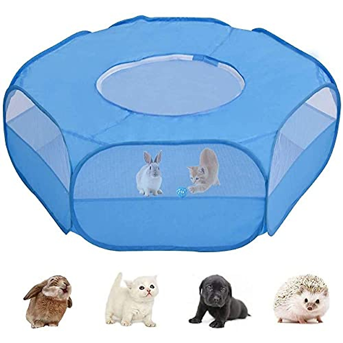 M MAIUS Small Animal Playpen, Pet Cage with Top Cover Anti Escape, Waterproof Small Animal Cage Transparent Yard Fence for Dog Cat Bunny Puppy Rabbits Guinea Pig Hamster Chinchillas Playpen (New Blue)