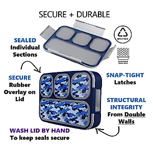 kinsho Camo Lunch-Box for Boys, Bento Box for Kids | Portion Containers for Snacks or School Lunches, BPA Free Boxes Meal Containers Loncheras Para Niños | Blue Camouflage 4 Compartments
