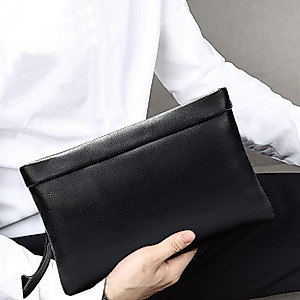 NIUCUNZH Handbag for Men Clutch Bag Hand Purse Large Wallet with Wristlet,Soft Cowhide Leather Black
