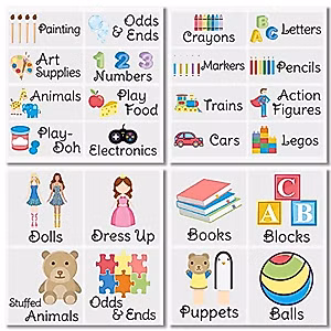 mDesign Home Organization Labels - Preprinted Label Stickers for Toy and Game Storage and Cleaning - Household Organizing for Jars, Canisters, Containers, Bins, and Boxes, 24 Count, Clear/Black/Images