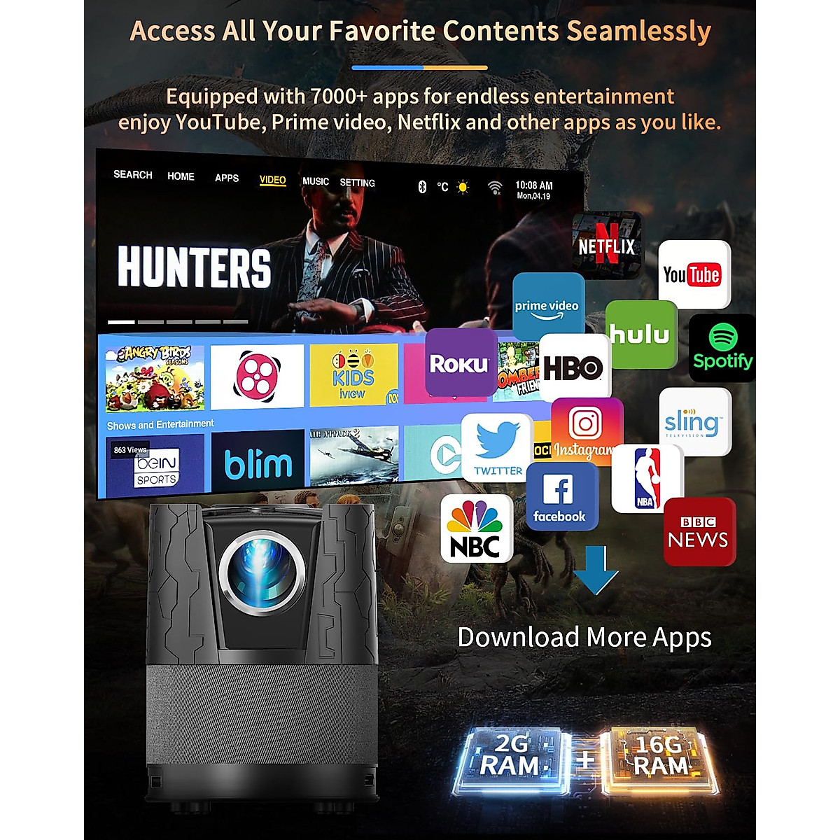 Mini Projector Portable 4K with Bluetooth Speaker, WiFi Projector for iPhone iPad Wireless Screen Casting, Home Theater Portable Projector for Camping Gaming Movie Compatible with Smartphone Laptop DV