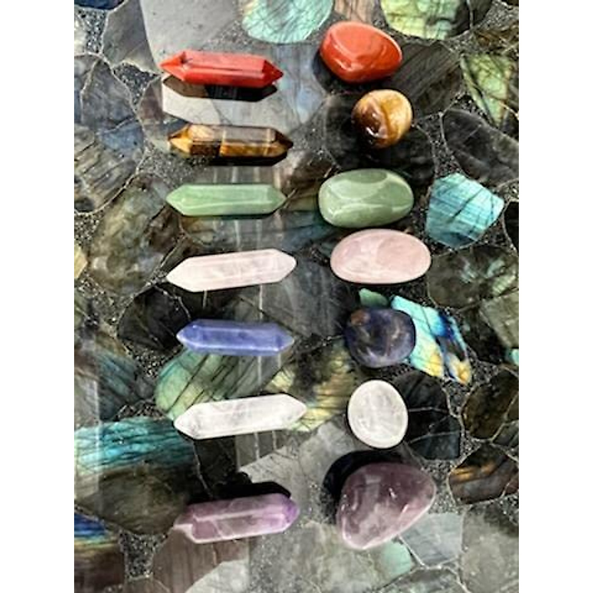 CrystalsAhoy 3" Selenite Charging Plate with TWO Chakra Sets included, polished round and double pointed chakra crystals