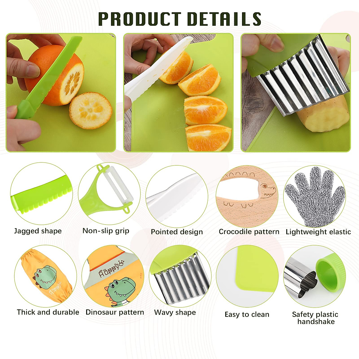 13 PCS Wood Kids Kitchen Knife Set, Safe Fruit Toddler Knifes for Real Cooking, Y Peeler, Children Gloves, Serrated Edges Toddler Knife, Sandwich Cutter, Crinkle Cutter, Plastic Cutting Board