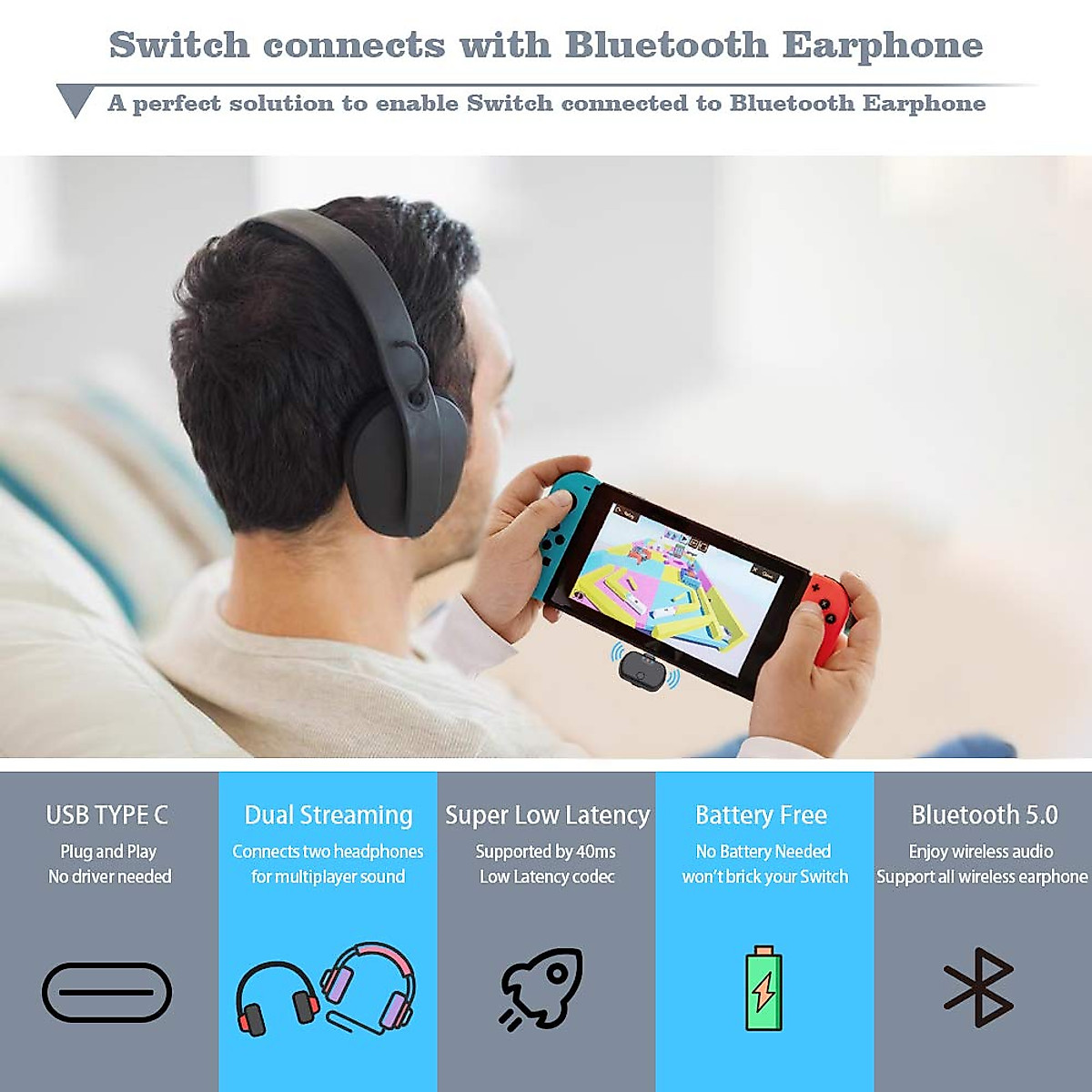 Friencity Bluetooth Audio Transmitter for Nintendo Switch PS4, Low Latency USB Type C Wireless Adapter, Support in-Game Voice& Two Headphones, Compatible with Airpod, Bose, Sony Headphone, Plug n Play