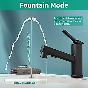HEROBAI Single Hole Bathroom Faucet, Single Handle Modern Pull Out Bathroom Sink Faucet with 3 Water Flow Modes, Fountain Bathroom Faucets with Sprayer (Black, Regular)