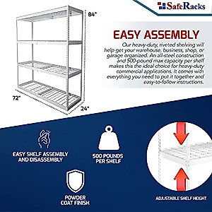 SafeRacks Garage Shelving Unit - Storage Shelf That Holds 500 Pounds Per Shelf Rack - All Steel Shelves for Storage - Easy to Assemble Shelving Storage, Garage Shelf, Hammertone (24" x 72" x 84")