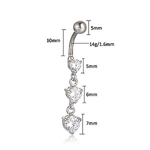CANDYFANCY 14G Dangly Belly Button Rings Surgical Steel Gem Navel Rings Dangle Triple Round CZ Barbell Belly Piercings Jewelry