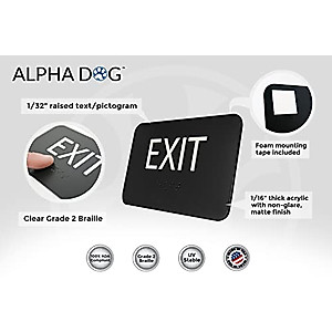 ALPHA DOG Tactile Exit Sign with Braille - ADA Compliant Exit Sign with Grade 2 Contracted Braille and Raised Text, 3x5 inch, UV Stable for Indoor or Outdoor Use, Easy Installation, Made in the USA