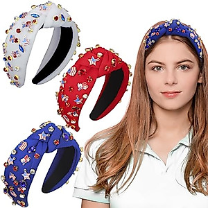 Newcotte 3 Pcs 4th of July Headband for Women American Flag Knotted Headband Star USA Charm Red White Blue Headband Women Patriotic Headbands Headpiece Crystal Knot Wide Hairband Accessories Gift