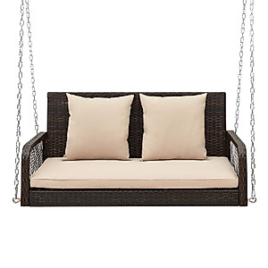 HAPPYGRILL Porch Swing Outdoor 2-Person Hanging Bench Chair with Seat & Back Cushions, Heavy-Duty Metal Structure & 2 Hanging Chains, Wicker Rattan Woven Loveseat Swing for Front Porch Backyard