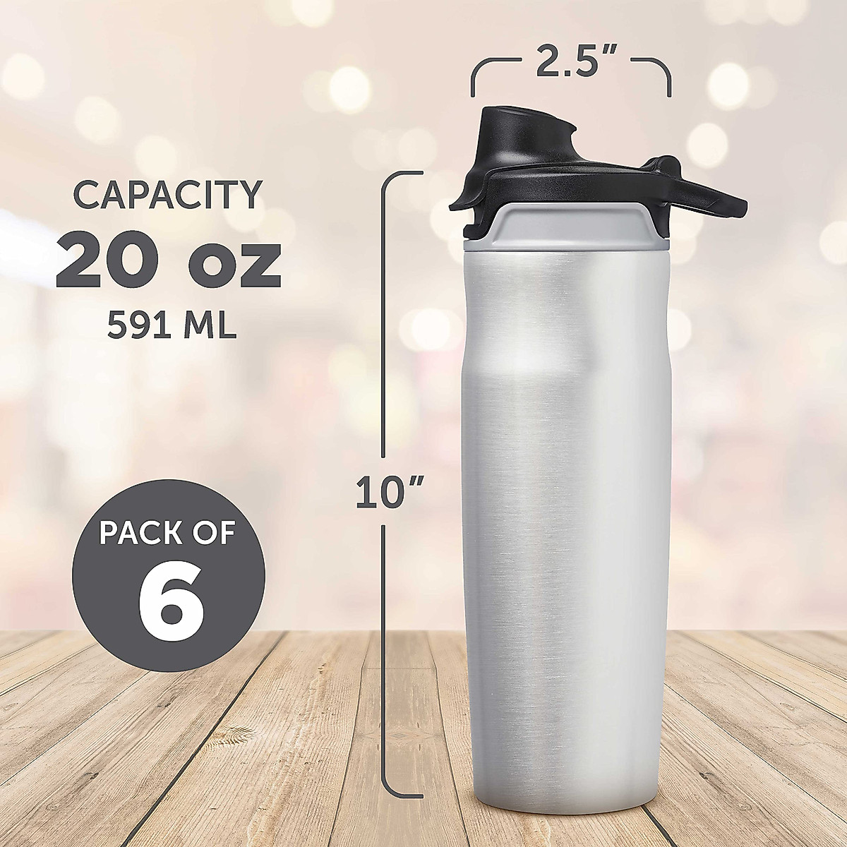 DISCOUNT PROMOS Juno Water Bottles with Flip Lid 20 oz. Set of 6, Bulk Pack - Reusable, Great for Gym, Hiking, Cycling and for School - Silver