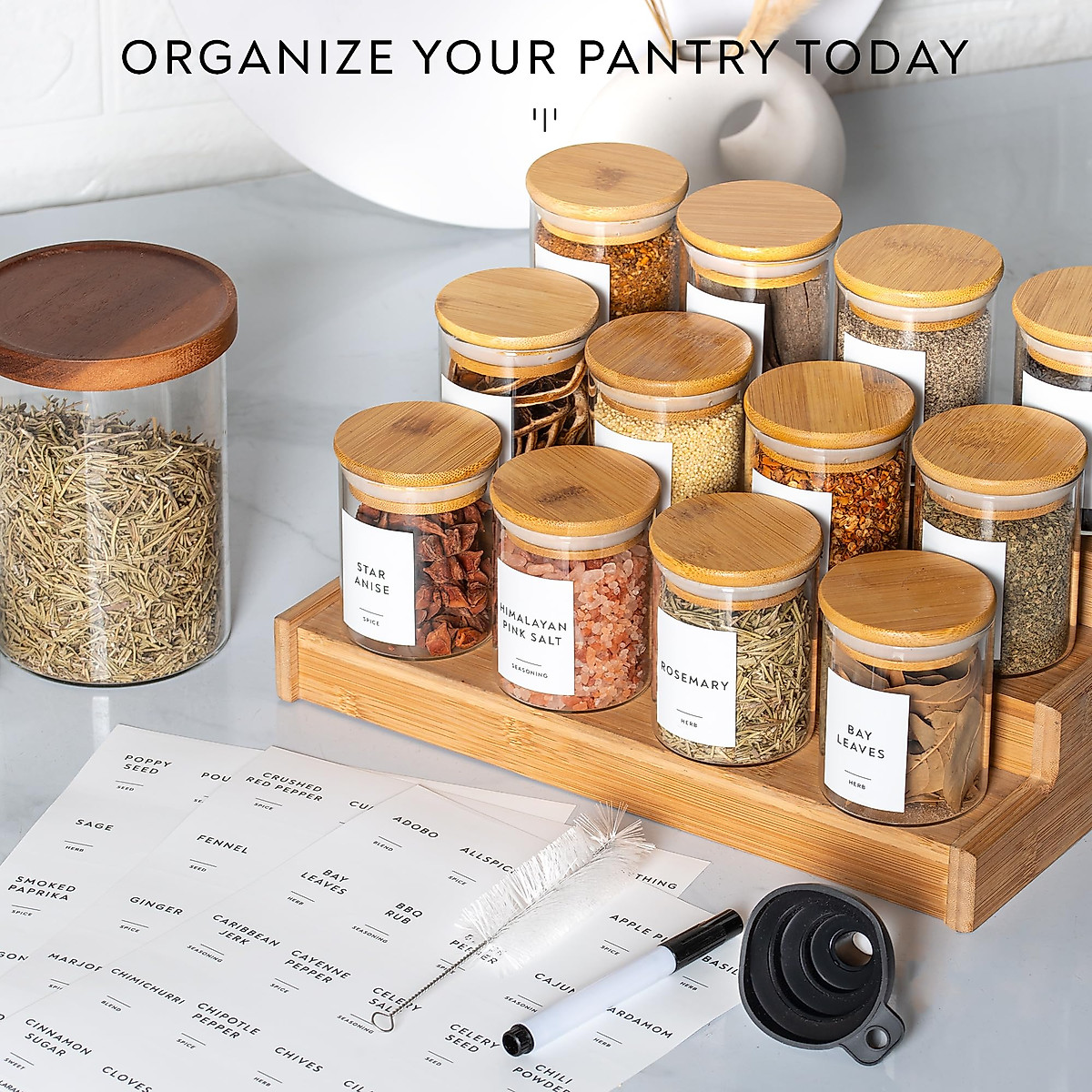 Laramaid 6oz 12Packs Glass Jars Set, Cylinder Spice Jars with Bamboo Lids and Customized Labels, Food Storage Container Canisters for Home Kitchen, Spice, Herbs, Seasoning, Seed, Tea, Sugar, Salt