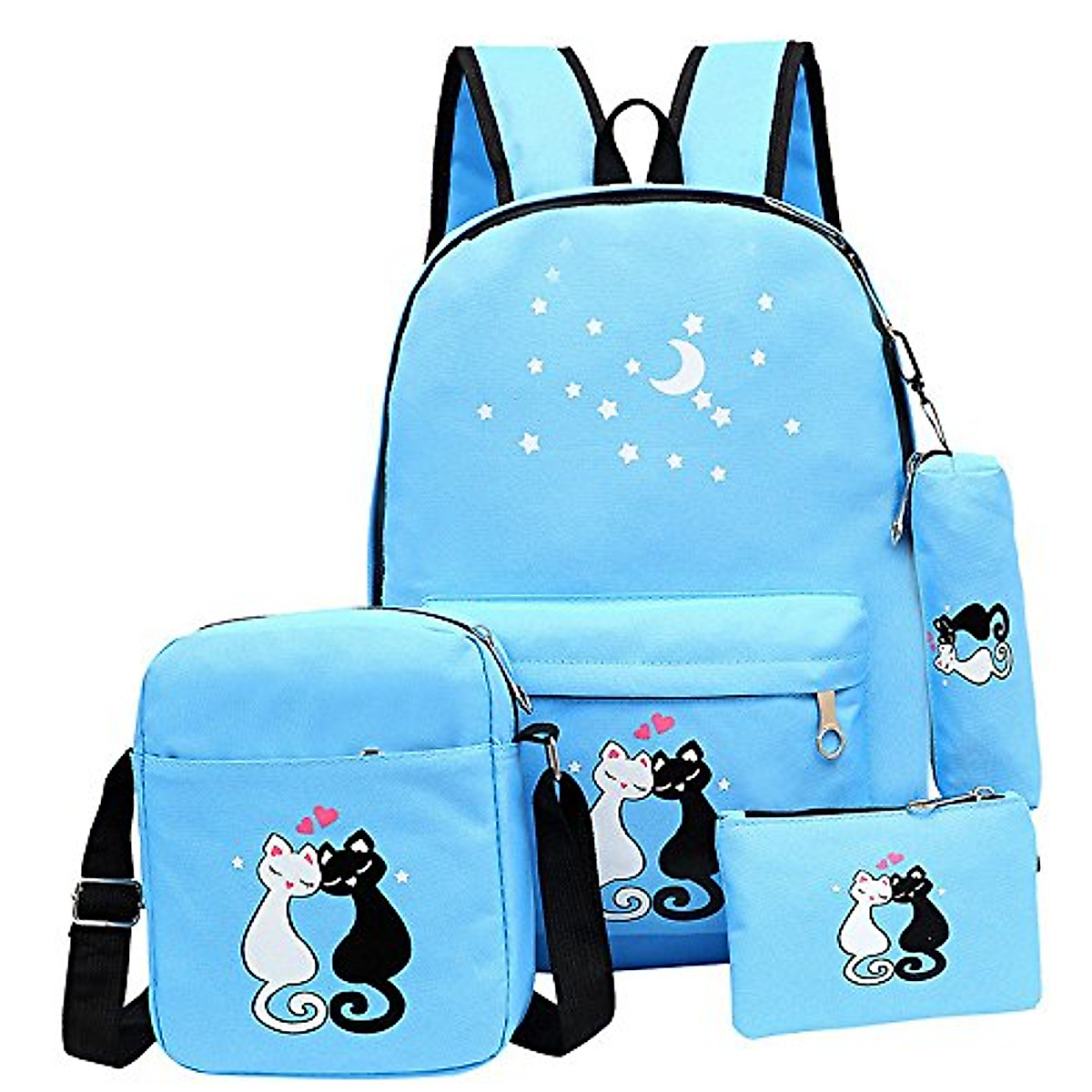 4Pcs Cute Cat Prints Canvas Primary School Bag Rucksack Backpack Set for Girls Elementary Bookbag