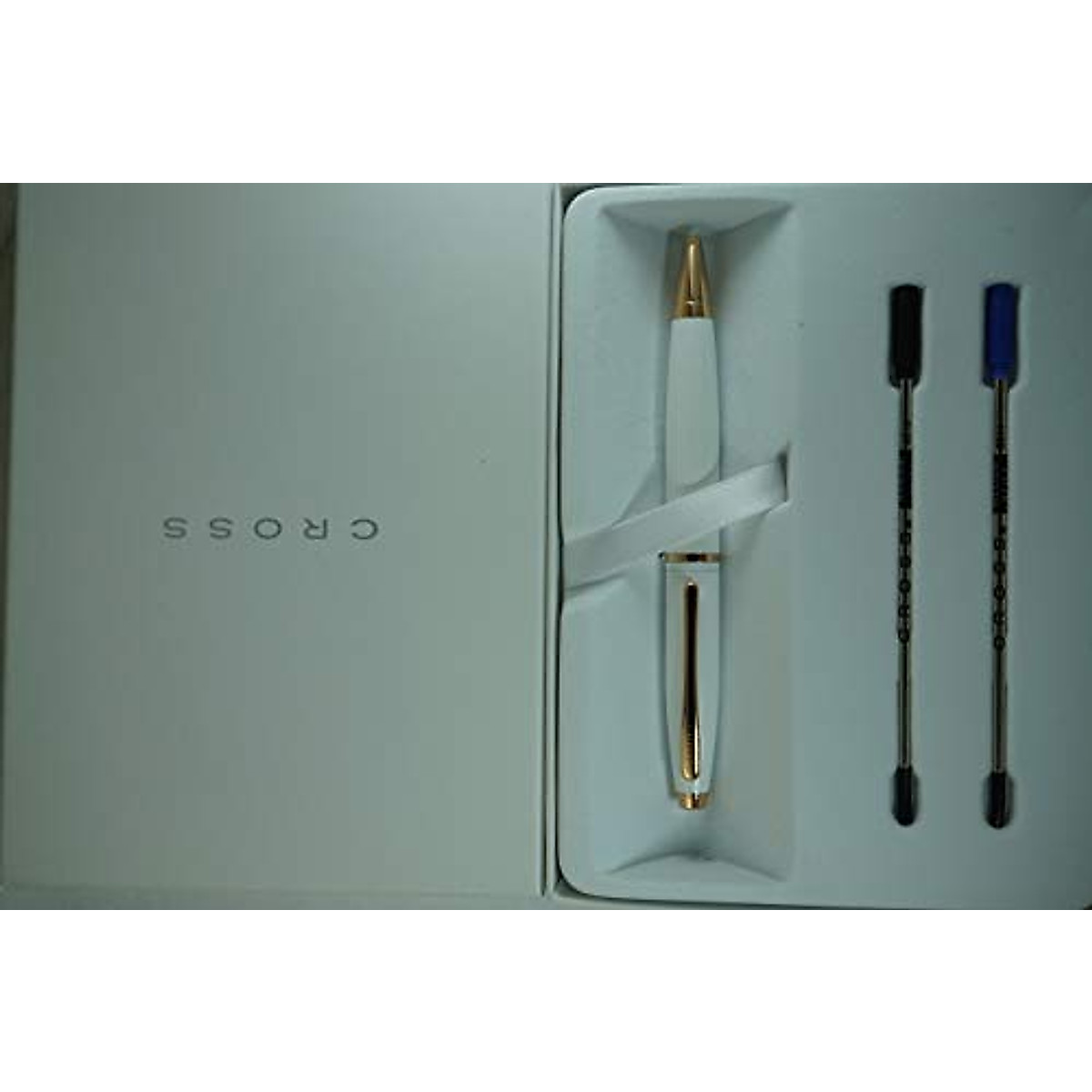 A.T. Cross Pearlescent White Medalist and 23KT Rose Gold Appointments and Cross signature mid Band Calaise Ballpoint Pen and two Bonus refills . A Gift Pen for Anyone and Any Occasion