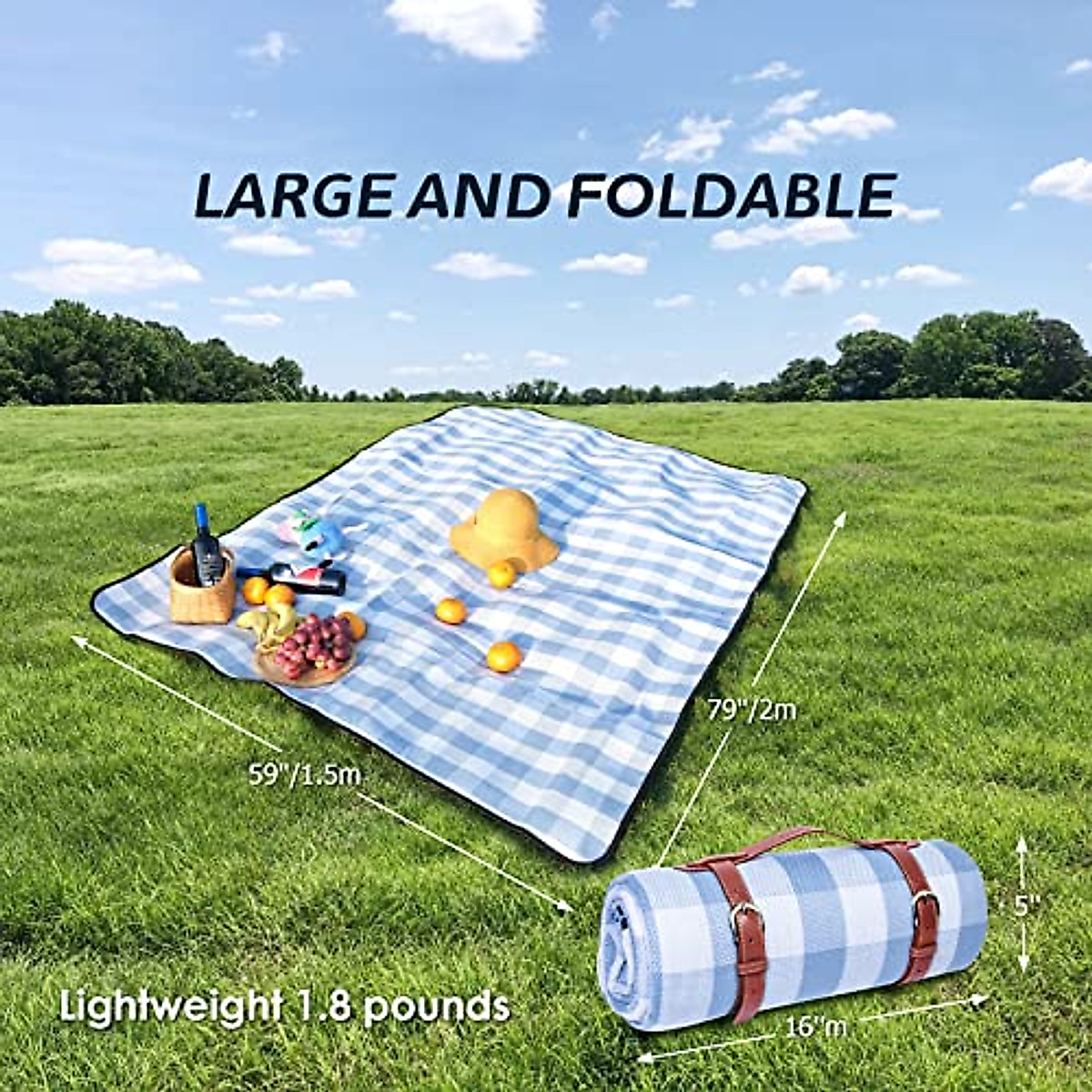 MontoSun Large 59x79'' Picnic Blankets Handy Beach Picnic Blanket Outdoor Lawn Mat 3 Layered Blanket Waterproof Foldable Beach Blanket Sandproof for Camping,Travelling,Hiking (Sky Blue Gingham)