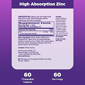 Natrol High Absorption Zinc 7.5 mg per Serving, Dietary Supplement for Immune Health, Chewable Tablets for Adults, 60 Zinc Tablets, 60 Day Supply