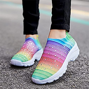 Women's Crystal Breathable Orthopedic Slip On Walking Shoes, Rhinestone Glitter,Ultra-Light Breathable. (9US, Rainbow)