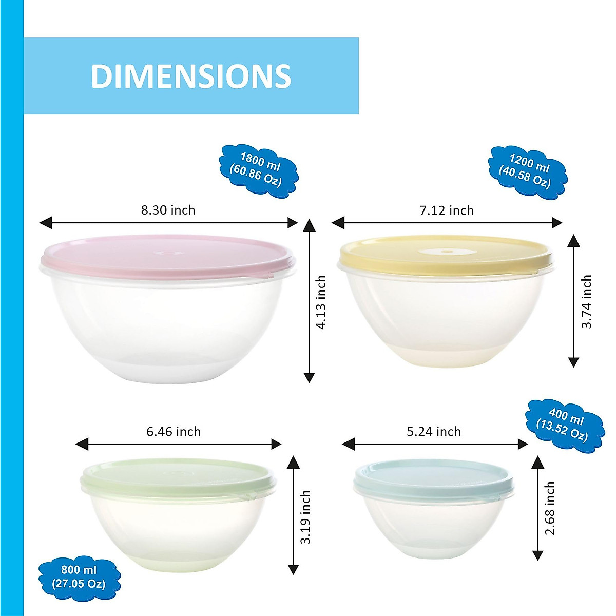 Food Storage Containers with Lids Set of 4 - 60oz, 40oz, 27oz, 13oz Meal Prep Containers Reusable Plastic – Food Safe Round Nesting Bowls with Airtight Leakproof Lids – Freezer and Dishwasher Safe