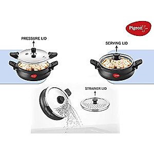 Pigeon 3.2 Quart All-In-One Super Cooker - Steamer, Cooking Pot, Pressure Cooker, Dutch Oven - For All Cooktops - Quick Cooking of Meat, Soup, Rice, Beans, Idli & more, Hard Anodized, (3 Liters)