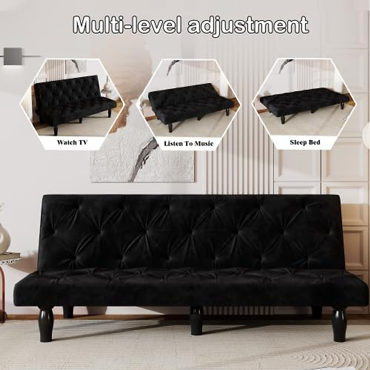 Anwickmak Velvet Convertible Futon Sofa Bed, Mid Century Green Fabric Couch, Sleeper Loveseat with Golden Metal Legs, Couches for Small Spaces (Black)