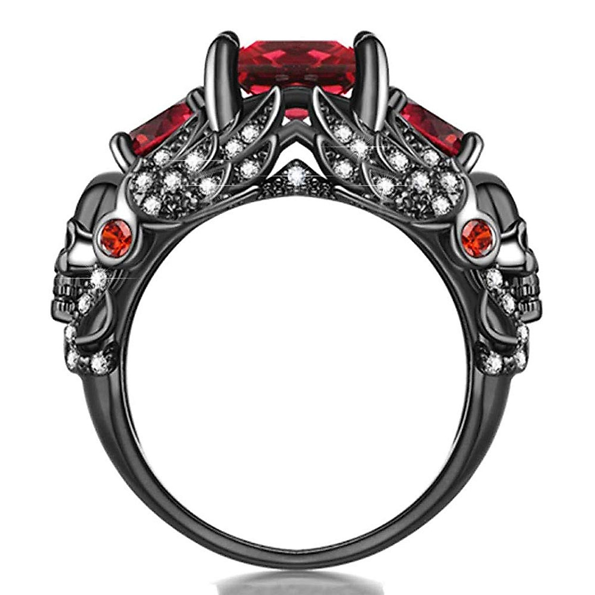 Gothic Jewelry Purple Red Black Crystal Unique Black Skull Rings for Women Halloween Christmas Gifts (Square-Red, 7)